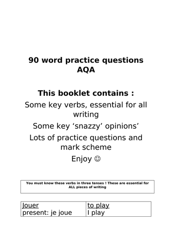 90 word question booklet French | Teaching Resources