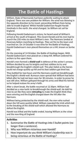 Battle of Hastings Worksheet | Teaching Resources