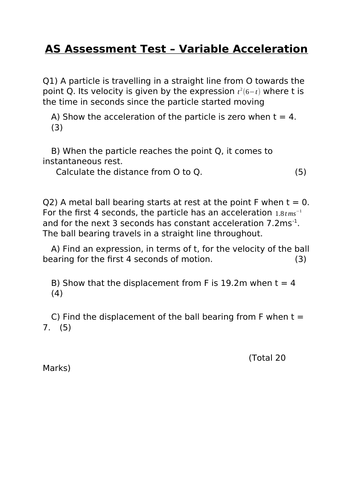 OCR AS Maths Assessment Test - Variable Acceleration | Teaching Resources