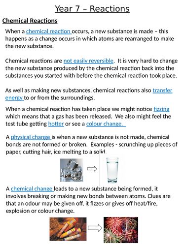 Home Learning Pack ~ KS3 ~ Year 7 ~ Chemical Reactions | Teaching Resources