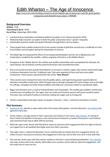 American Wider Reading - Age of Innocence Notes | Teaching Resources