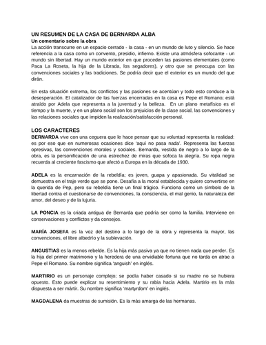 LA CASA DE BERNARDA ALBA Resumen | Teaching Resources