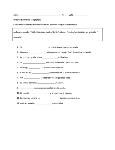 Imperfect sentence fill in activity | Teaching Resources