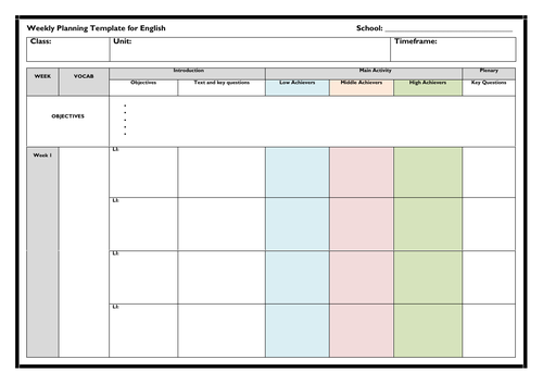 Weekly Planning Template for English | Teaching Resources