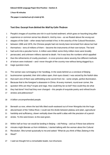 Edexcel Igcse English Language Sample Exam Paper Section A Only