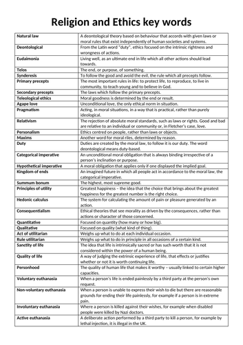 A-Level OCR Religious Studies Ethics and Religion key words | Teaching ...