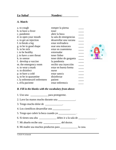 La Salud y Enfermedades: Health and Sickness Vocabulary Worksheet ...