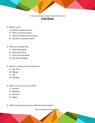 Multiple Choice - Costs Recap Activity | Teaching Resources