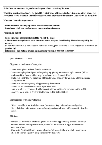 A* Essay Plan - Feminism role of the state, A Level Politics | Teaching ...