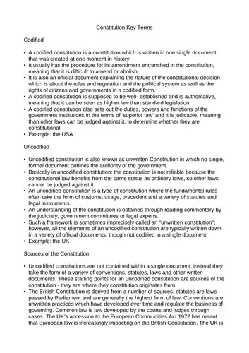 Constitution Key Terms - A Level Politics | Teaching Resources