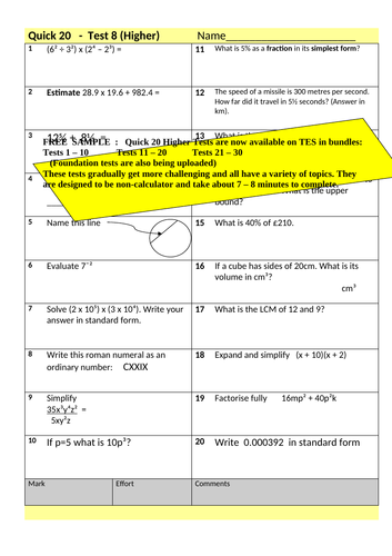 Quick 20 maths test Higher ability FREE sample mixed topics | Teaching ...