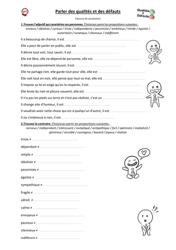 French adjectives: describe qualities and shortcomings (qualités et ...
