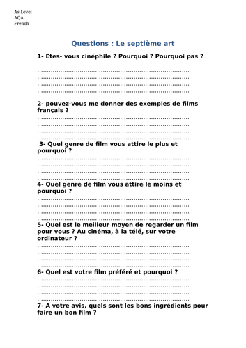 Cinema Questions AQA French A level | Teaching Resources