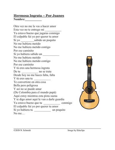 Spanish Song Cloze Activity: Juanes (Pluperfect Subjunctive ...