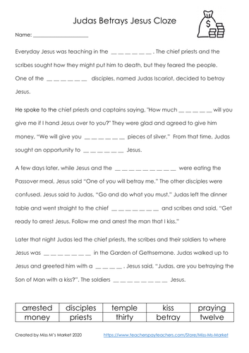 Judas Betrays Jesus Cloze | Teaching Resources