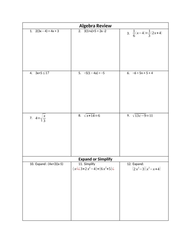 Algebra Review | Teaching Resources