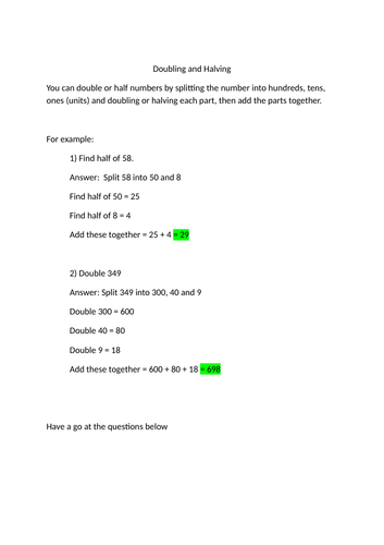 Doubling and Halving - Explanations and Questions | Teaching Resources