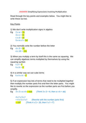 Simplifying Expressions Involving Multiplication - Independent Learning ... Simplifying Expressions Involving Multiplication - Independent Learning ...