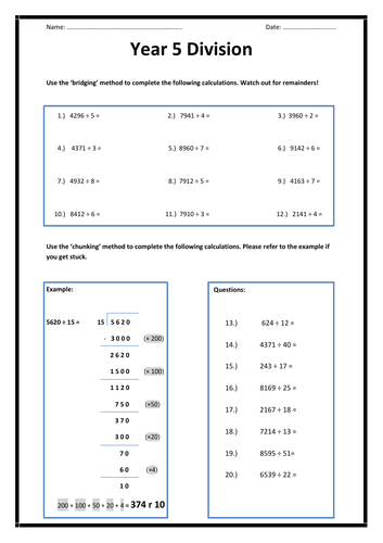 Year 5 Division Worksheet | Teaching Resources