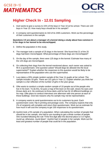 OCR Maths: Higher GCSE - Check In Test 12.01 Sampling | Teaching Resources OCR Maths: Higher GCSE - Check In Test 12.01 Sampling | Teaching Resources
