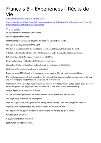 French B Experiences/Partage de la planète Translation - Speech ...