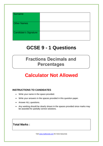 Fractions Decimals and Percentages For GCSE 9-1 | Teaching Resources