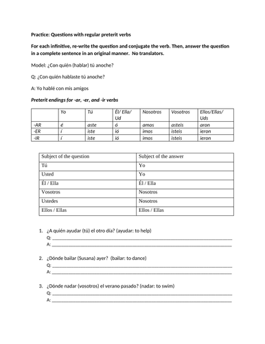 Regular preterit questions | Teaching Resources