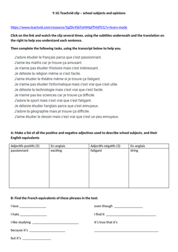 Home learning listening and reading - School subjects and opinions ...