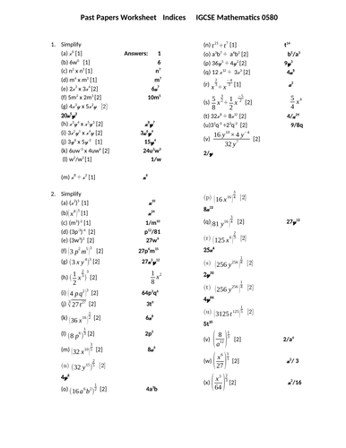 Indices IGCSE Mathematics 0580 Past Papers Worksheets with Answers ... Indices IGCSE Mathematics 0580 Past Papers Worksheets with Answers ...