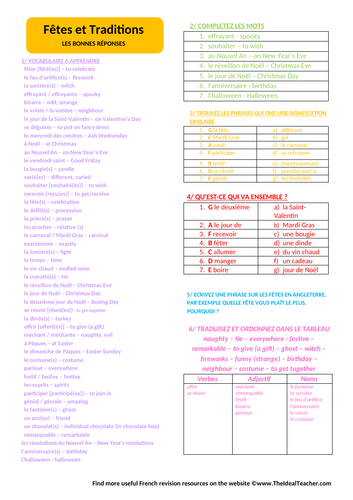 GCSE French 'Customs & Festivals' Vocab Worksheet | Teaching Resources