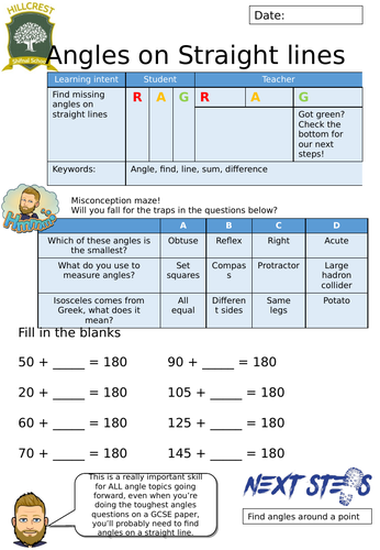 Angles on a straight line worksheet | Teaching Resources