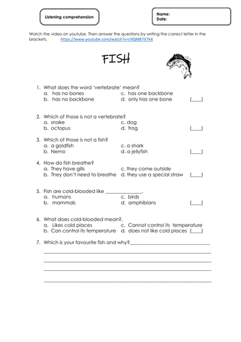 Fish- Listening comprehension and vocabulary | Teaching Resources
