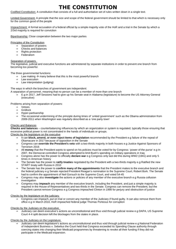 US Constitution Edexcel Politics A* notes | Teaching Resources