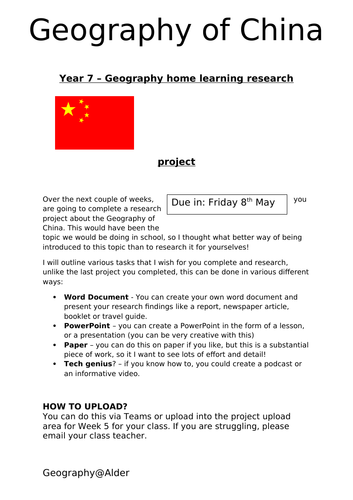 Home Learning - Geography of China Y7 | Teaching Resources