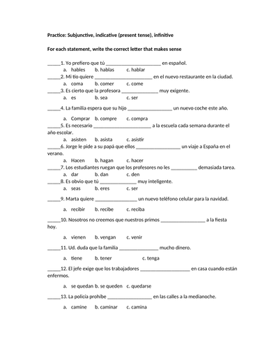 Quiz subjunctive infinitive indicative | Teaching Resources