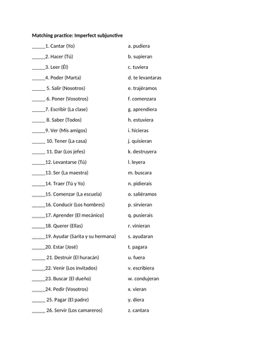 Imperfect Subjunctive Matching Practice Teaching Resources