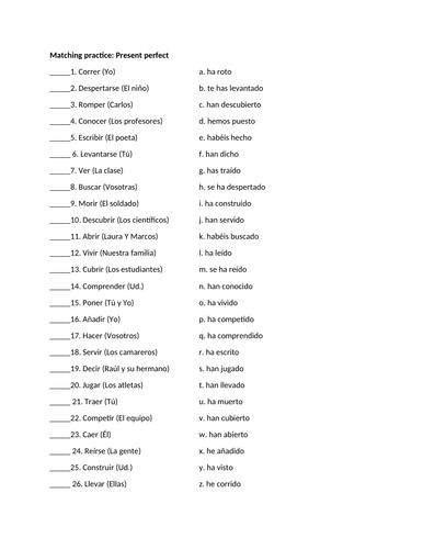 Present perfect matching practice | Teaching Resources