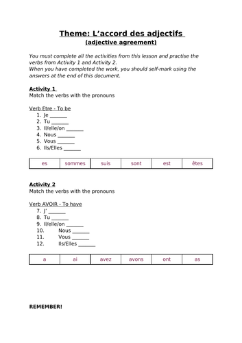 French worksheet adjective agreements | Teaching Resources