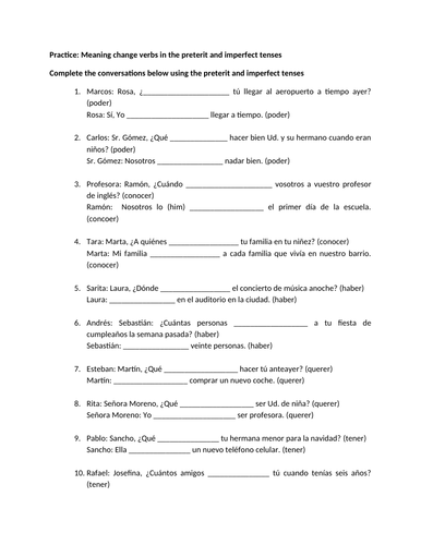 Practice meaning change verbs preterit imperfect | Teaching Resources