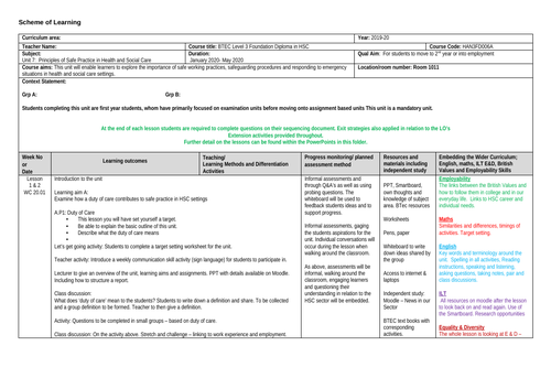 BTEC level 3 HSC unit 7 - ensuring safe practices Scheme of Work ... BTEC level 3 HSC unit 7 - ensuring safe practices Scheme of Work ...
