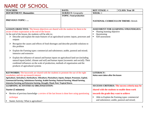 Lesson Plan for Geography -3weeks Lesson PLan on Food production ...