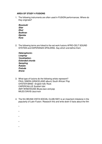 EDEXCEL GCSE Music Setworks AOS4 Fusion Worksheet and answers ...