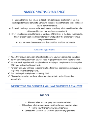 HOME LEARNING KS3 30 Maths Challenges | Teaching Resources
