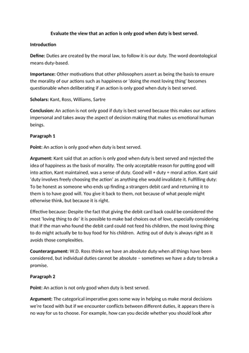 Kantian Ethics ESSAY PLANS- Philosophy & Ethics A Level | Teaching ...