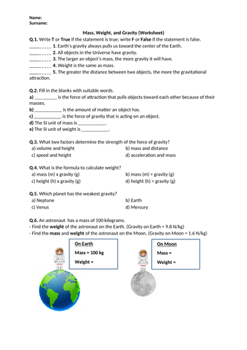Gravity Worksheet