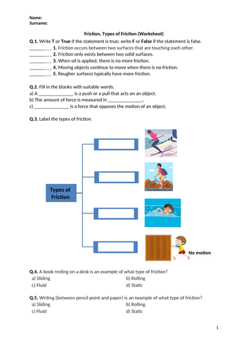 Friction Worksheets For 4th Grade