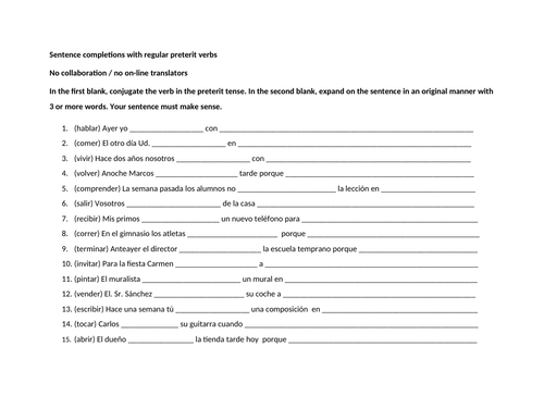 Sentence completions with regular preterit | Teaching Resources
