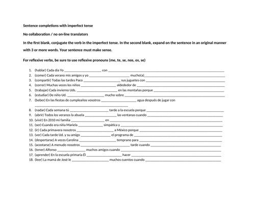 Original sentence completions with imperfect tense | Teaching Resources