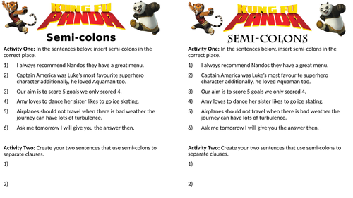 Kung Fu Panda Semi-colon Activity | Teaching Resources