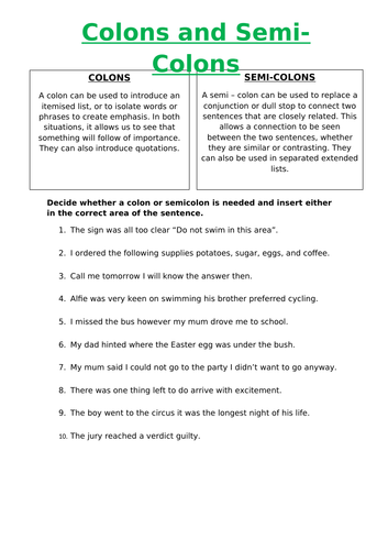 Colons and Semi-colons | Teaching Resources